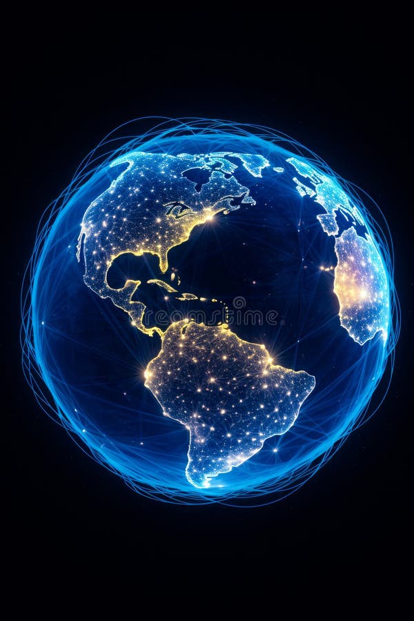 Blue and Yellow Globe with Network of Lights Around it. Generative AI ...