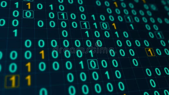 Blue and Yellow Glowing Binary Matrix on a Grid, Horizontal Composition ...