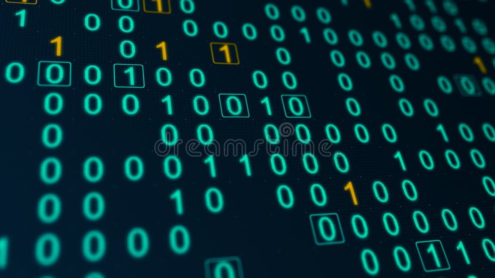 Blue and Yellow Glowing Binary Matrix on a Grid, Horizontal Composition ...