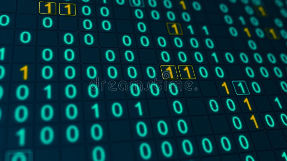 Blue and Yellow Glowing Binary Matrix on a Grid, Horizontal Composition ...