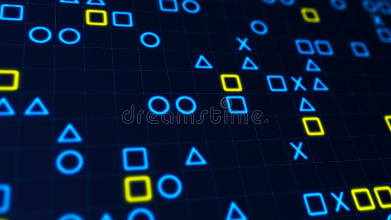 Blue and Yellow Glowing Shapes Matrix on a Grid. Bokeh Effect ...