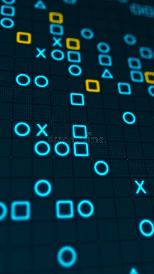 Blue and Yellow Glowing Shapes Matrix on a Grid, Vertical Composition ...