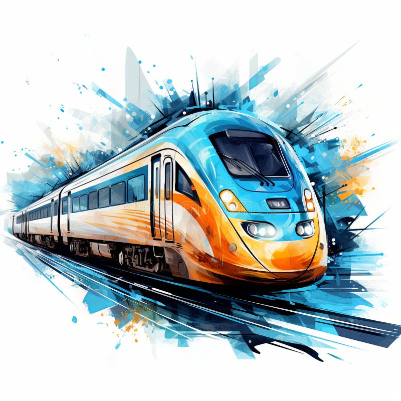 Blue and Yellow High-speed Train in Motion on a White Background with ...