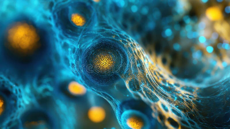 A Blue and Yellow Image of a Cell with Many Small Yellow Dots Stock ...