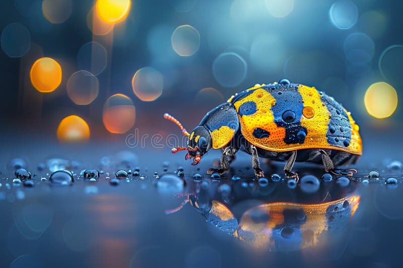 Blue and Yellow Ladybug on a Blue Background with Water Droplets Stock ...