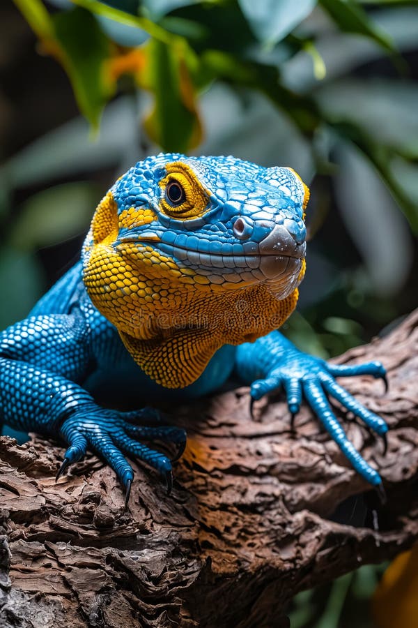 A Blue and Yellow Lizard Sitting on a Tree Branch. Generative AI Stock ...