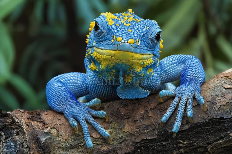 A Blue and Yellow Lizard Sitting on a Tree Branch. Generative AI Stock ...