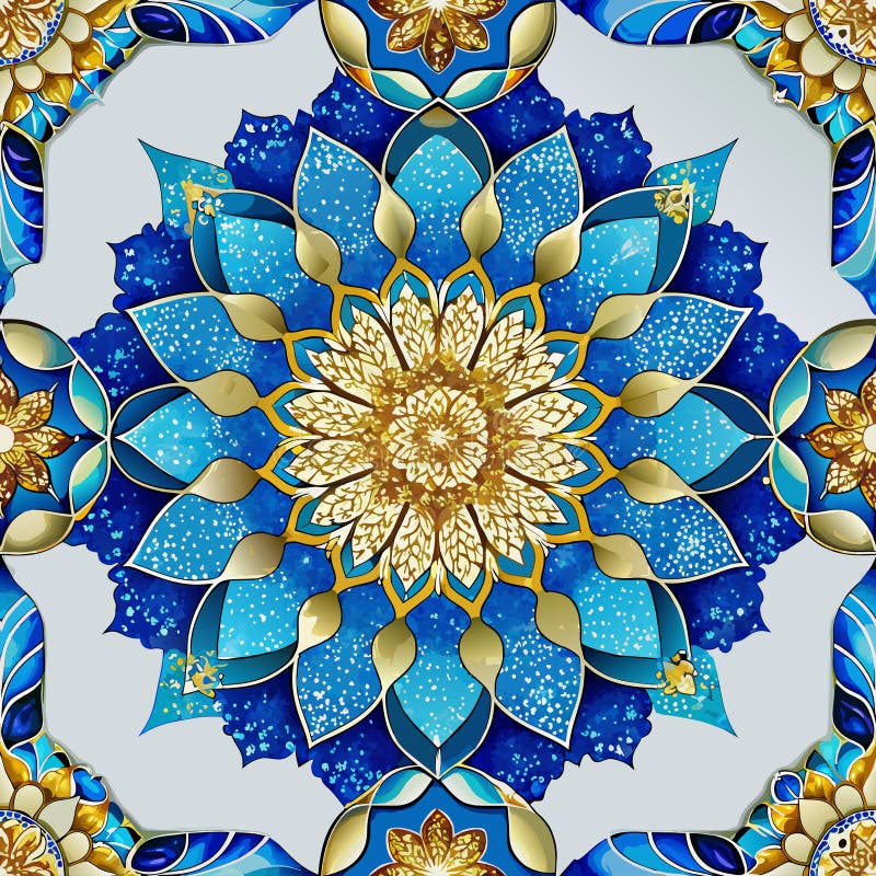 A Blue and Yellow Mandala Flower Seamless Pattern with a Gold Center ...