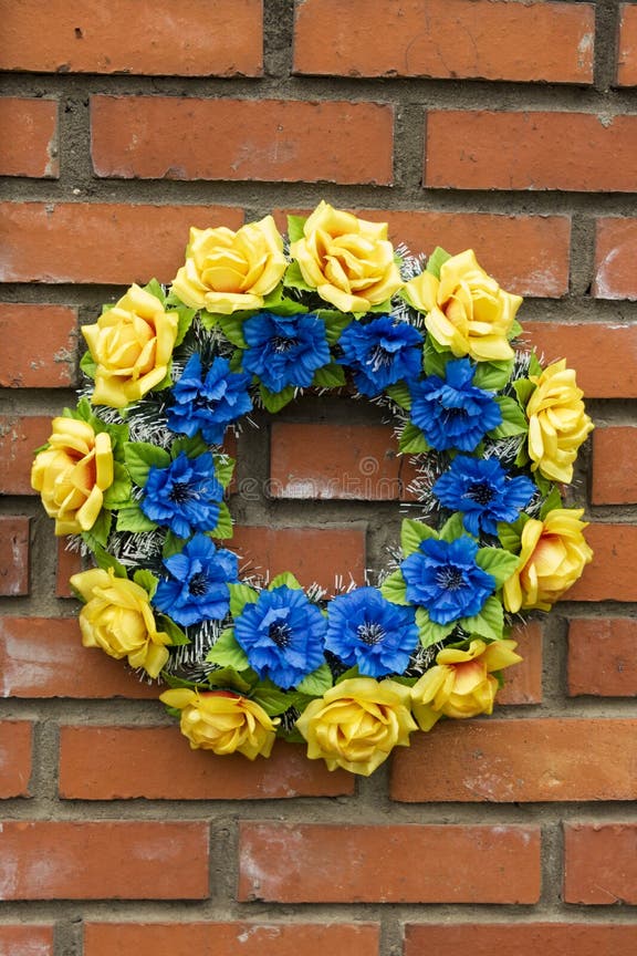Blue yellow memory wreath. stock photo. Image of outdoor - 93330438