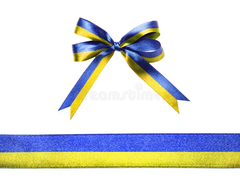 Blue-yellow Fabric Ribbon and Bow. Isolated on White Background Stock ...