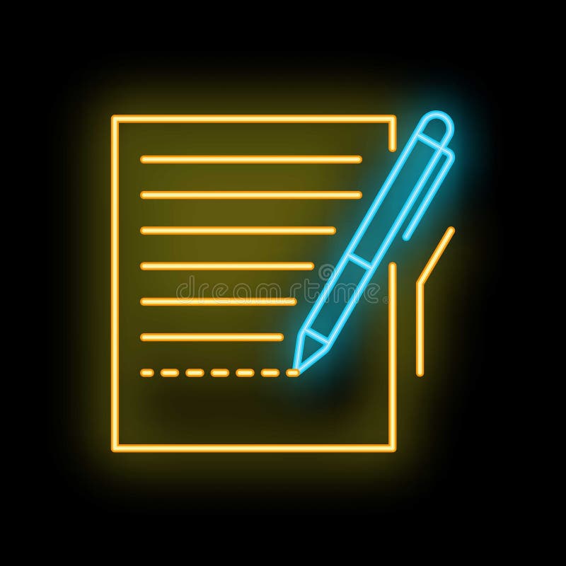 Neon Icon of Pen Signing Contract Document on Black Background Stock ...