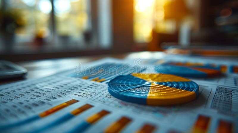 Blue and Yellow Pie Chart on Desk with Spreadsheets Stock Image - Image ...