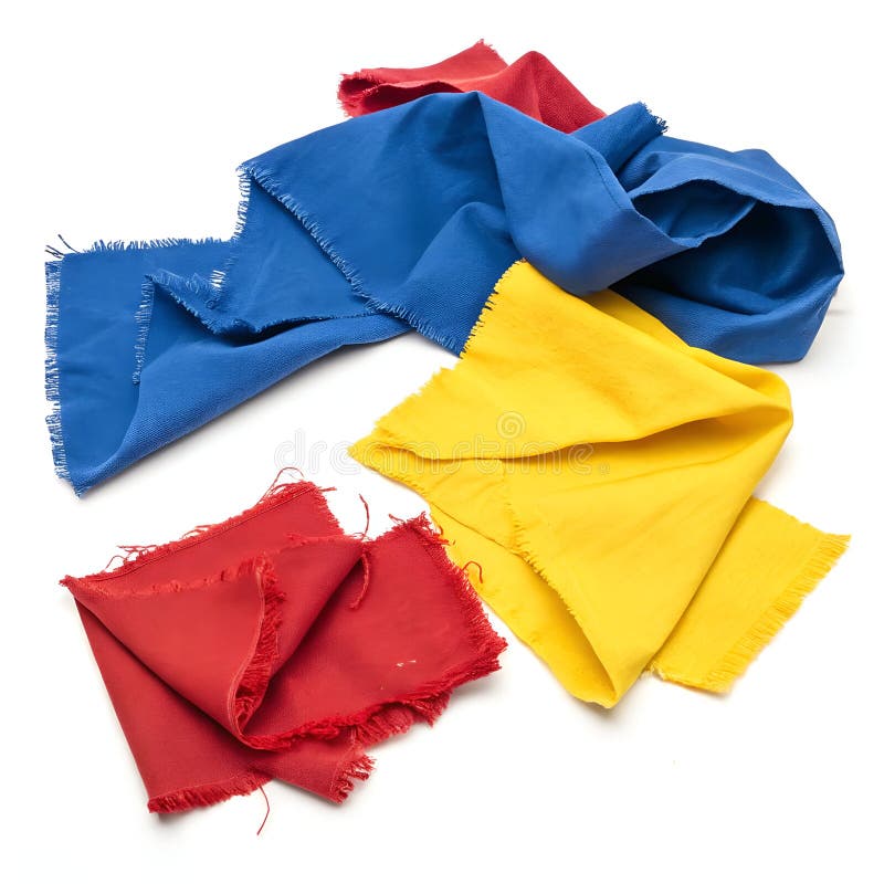 Blue, Yellow, and Red Torn Fabric Pieces Isolated on White Background ...