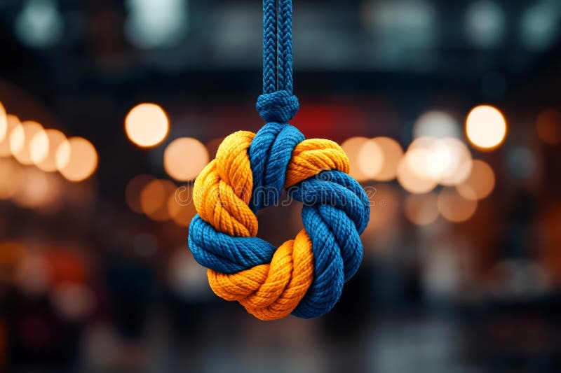 A Blue and Yellow Rope with a Knot Hanging from it Stock Image - Image ...