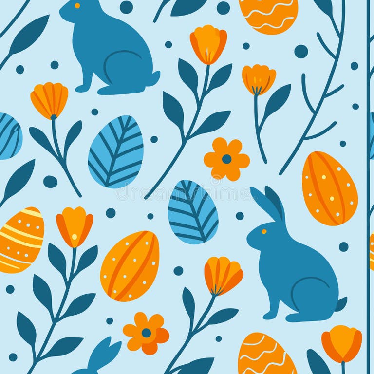 Blue and Orange Seamless Pattern with Easter Rabbits in the Garden ...