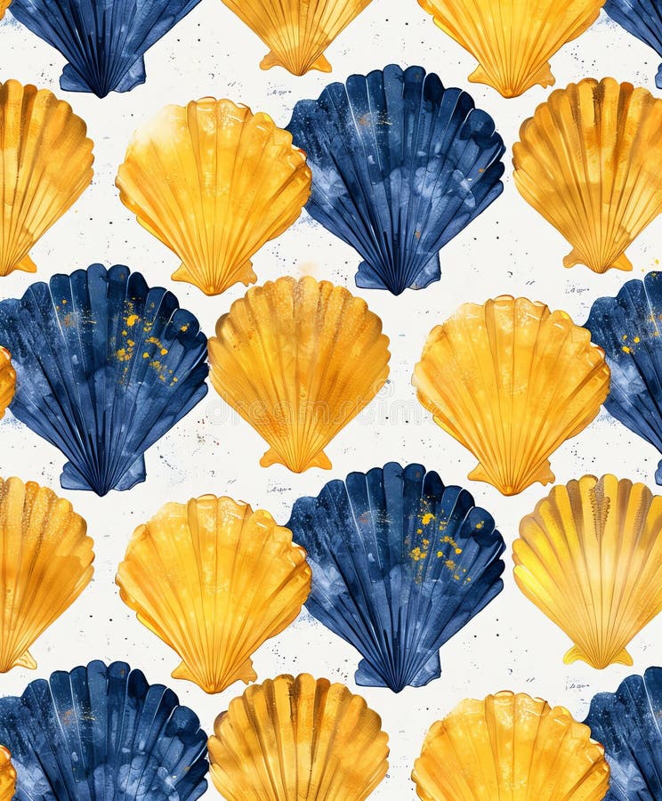 Blue and Yellow Seashell Pattern on White Background Stock Illustration - Illustration of ...