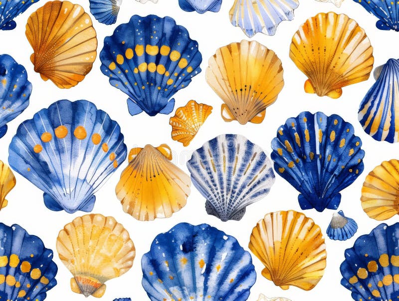 Blue and Yellow Shells on White Background Stock Illustration ...