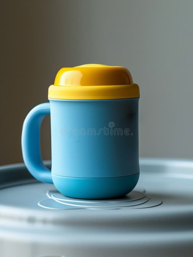 Blue and Yellow Sippy Cup with Handle, Placed on a Gray Surface. Stock ...