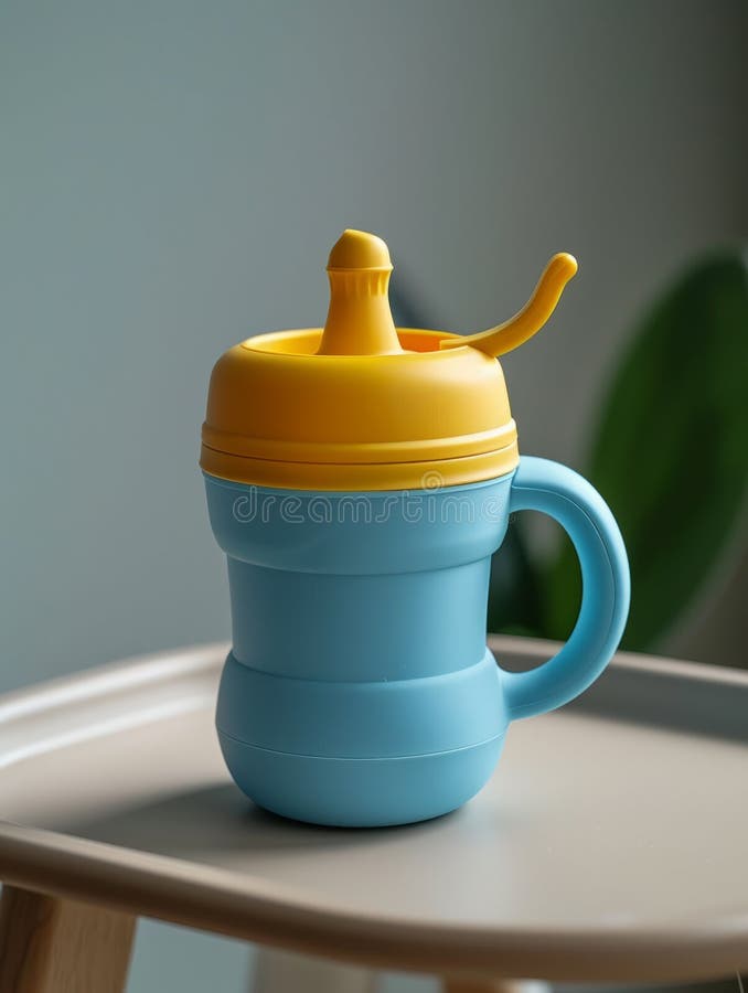 Blue and Yellow Sippy Cup on a Light Wooden Table. Stock Image - Image ...