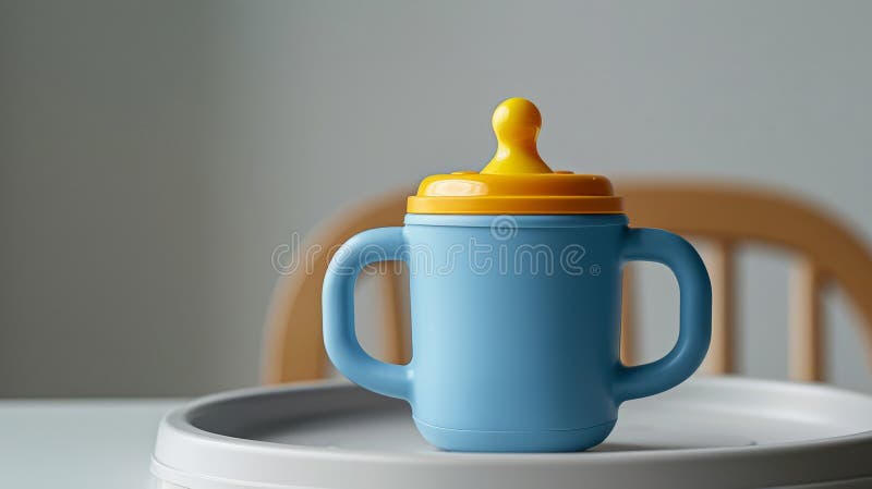 Blue and Yellow Sippy Cup on a Table with a Chair in the Background ...