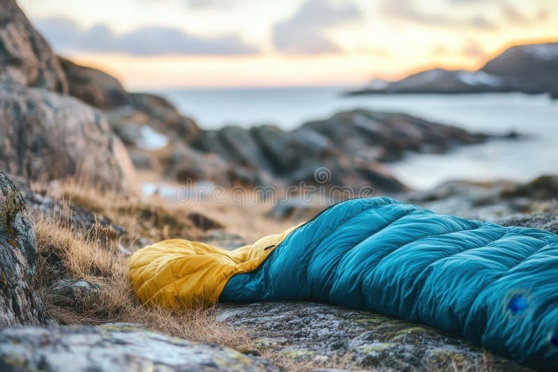 Blue and Yellow Sleeping Bag on Rocky Coast at Sunset Stock ...