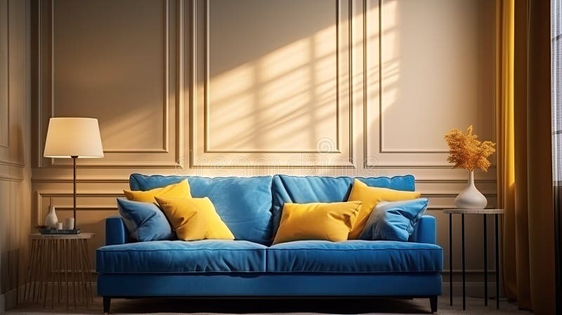 Blue and Yellow Sofa Next To the Window in a Classic Room Modern Living ...