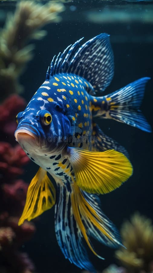 Blue and Yellow Spotted Fish in Aquarium. Stock Illustration ...