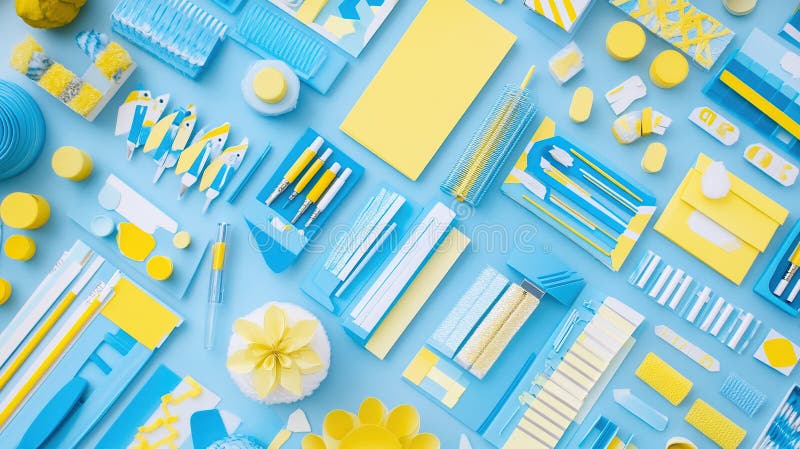 Blue Yellow Stationery Flatlay, Organized Workspace, Background Texture ...