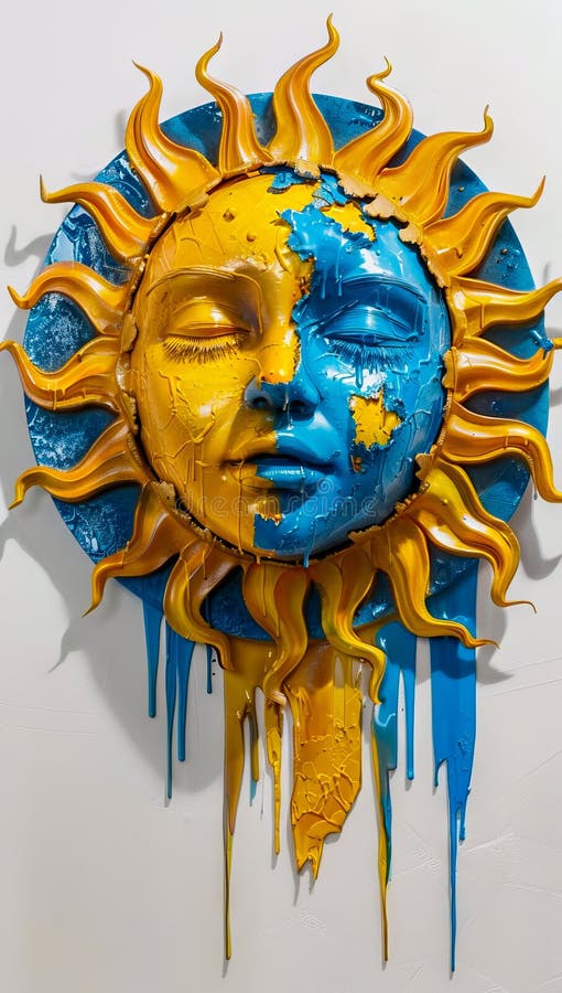 A Blue and Yellow Sun with a Face Painted on it Stock Image - Image of ...