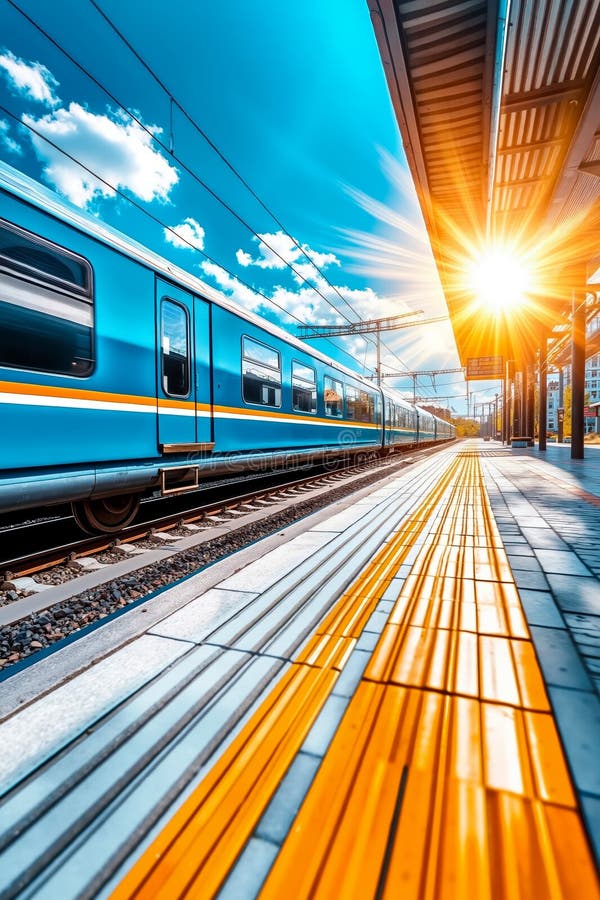 A Blue and Yellow Train Pulling into a Train Station Stock Image ...