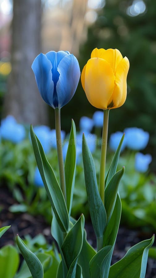 Blue and yellow tulips. stock photo. Image of background - 324510616