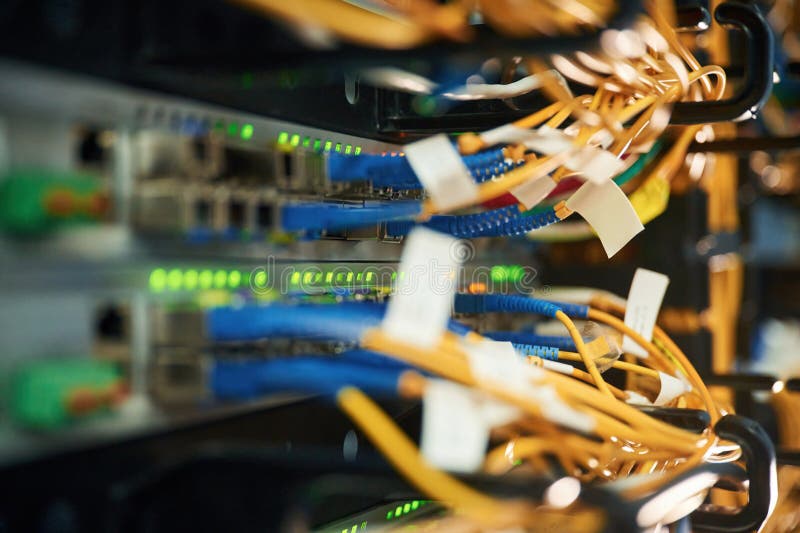 Blue and Yellow Wires. Close Up View of Hardware in the Server Room ...