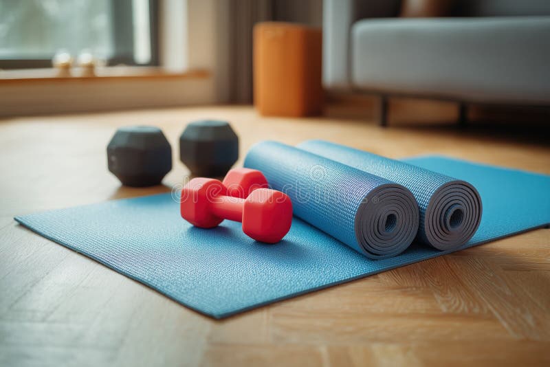 Blue Yoga Mat with Red and Black Weights Stock Illustration ...