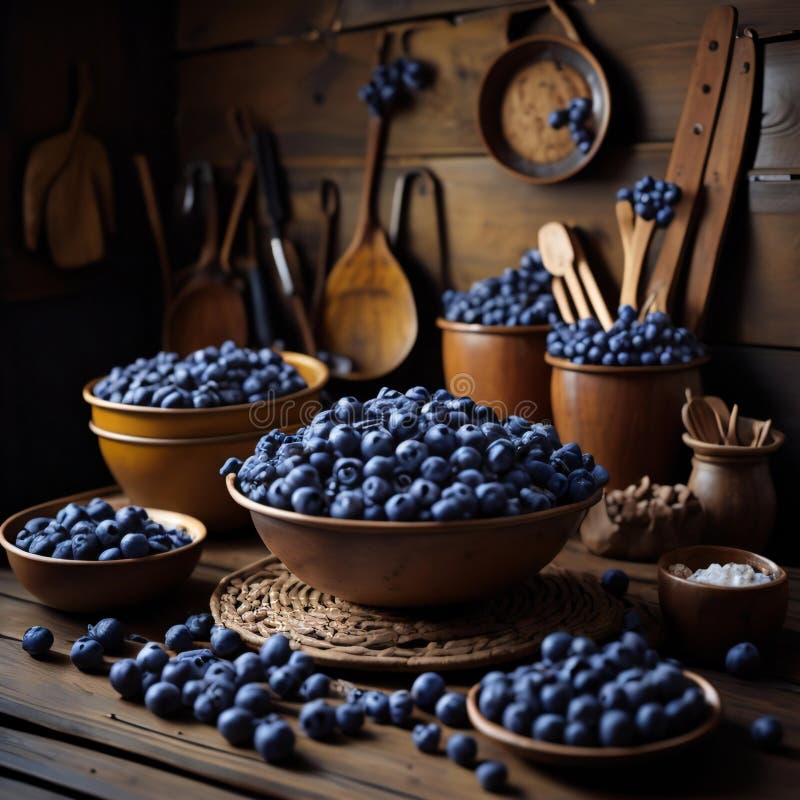 Blueberries in Bowls and Wooden Spoons on Rustic Background. Generative ...