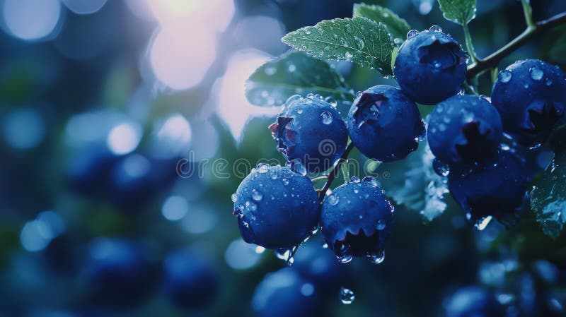 Blueberries on a Bush, Deep Blue and Ready for Harvest with Dew Drops ...
