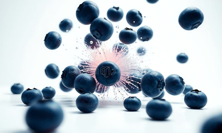 Blueberries Exploding with Pink Light and Water Droplets on White Fruit ...