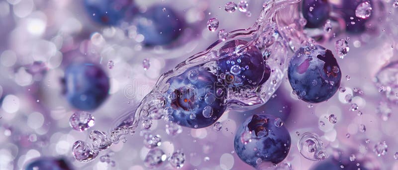 Blueberries Falling in Water. Horizontal Layout. Transparent Liquid for ...