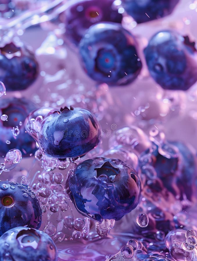 Blueberries Falling in Water. Vertical Layout. Reflections. Transparent ...