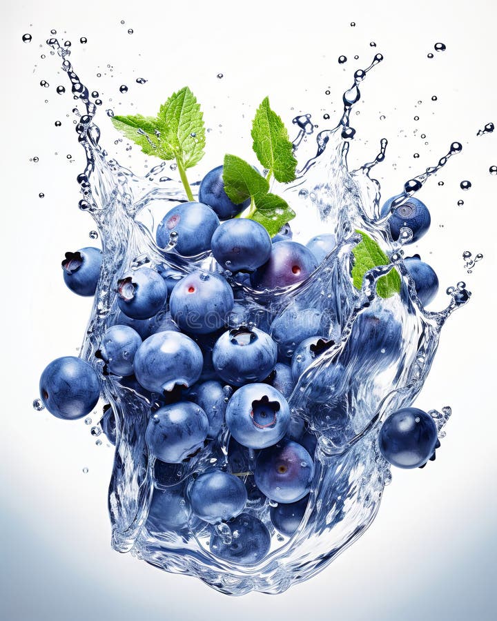 Blueberries Floating in Water with Green Leaf Stock Image - Image of ...