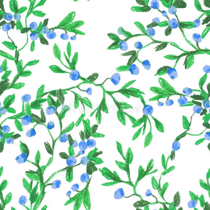 Blueberries with Green Leaves Wax Crayons Seamless Pattern on White ...