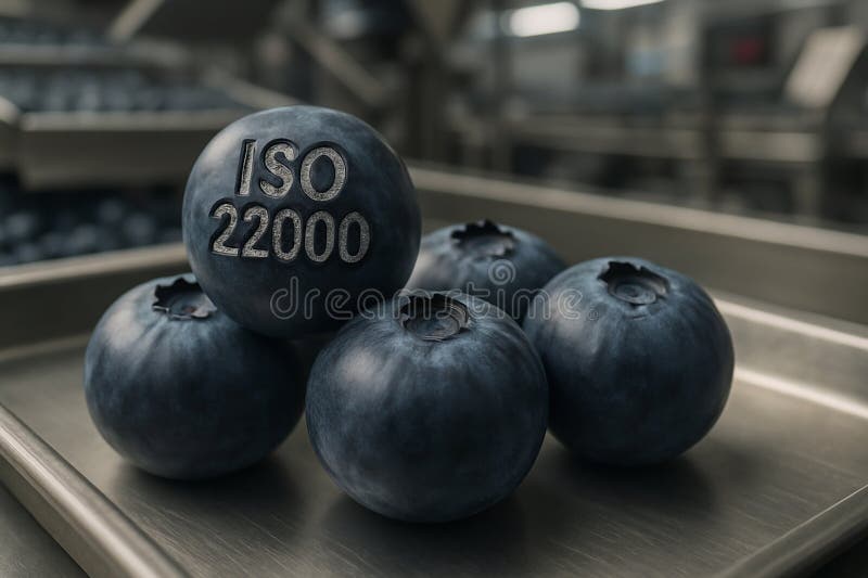 Blueberries on Industrial Tray with ISO 22000 Mark Representing ...