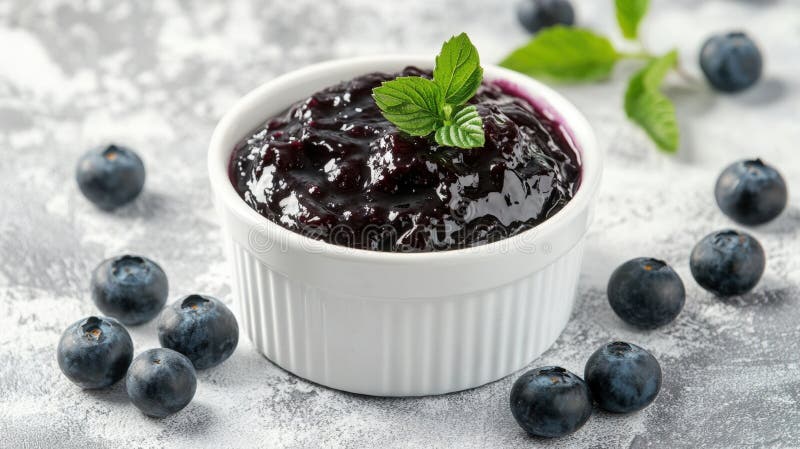 Blueberries in a White Container and Blueberry Jam on a Gray and White ...