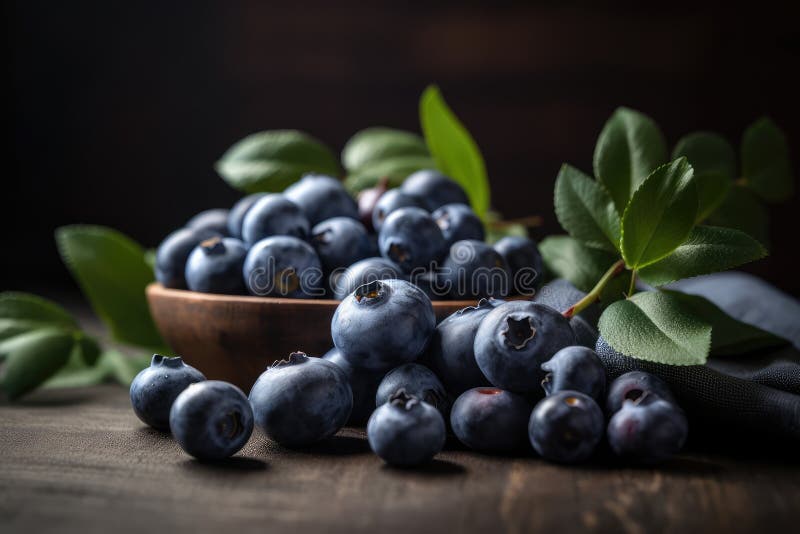 Blueberries in a Wooden Bowl on Table, Dark Background. Generative AI ...