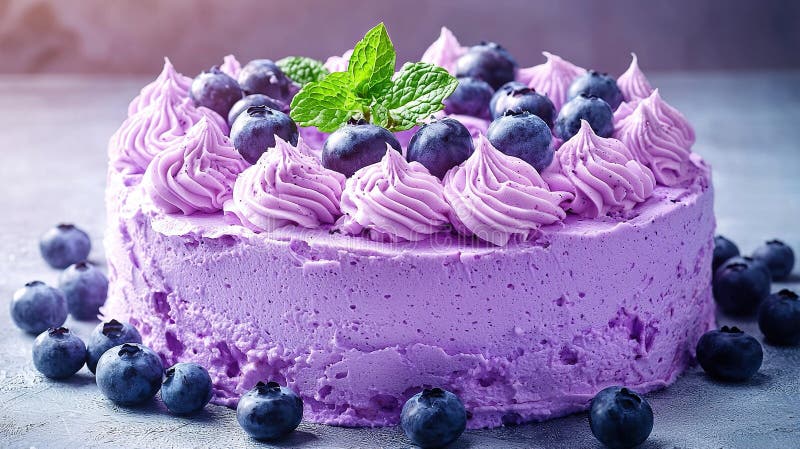 Blueberry Cake with Frosting and Mint on Grey Surface Stock ...