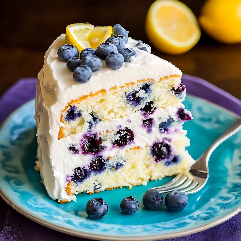 Blueberry Cake Slice Topped with Lemon and Fresh Whipped Cream Stock ...