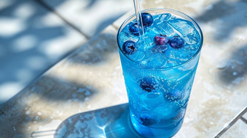 Blueberry Drink with Ice in a Glass on a Sunny Patio. Stock Image ...