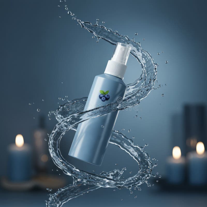 Blueberry-Infused Spray Bottle Surrounded by Water Splashes Stock ...