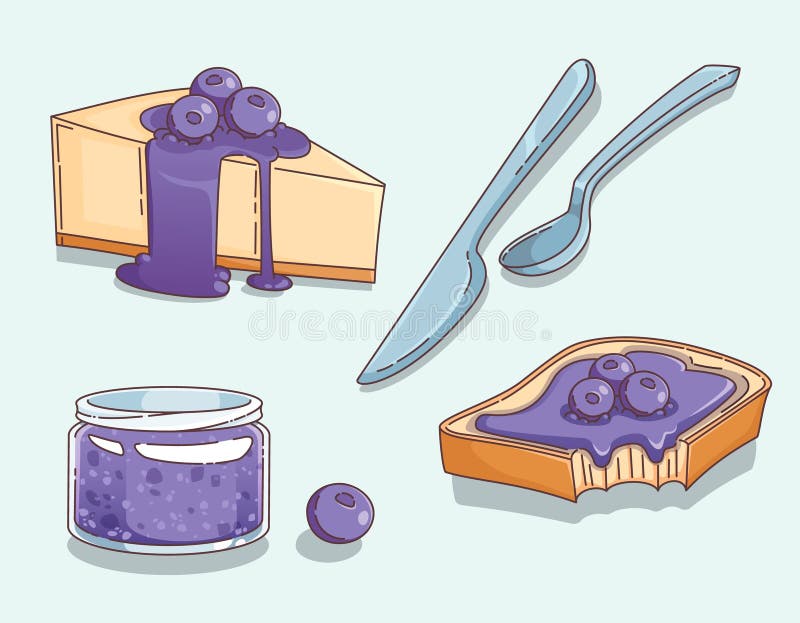 Blueberry Jam in Jar, on Bread Toast and Cake Stock Illustration ...