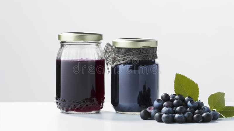 Blueberry Jam and Plump Blueberries Fruit Jars on White Background with ...