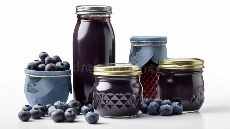 Blueberry Jam and Plump Blueberries Fruit Jars on White Background with ...